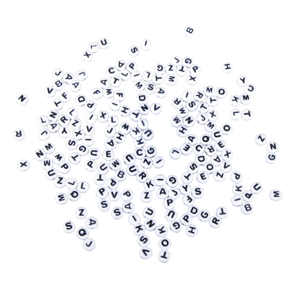 Bokstav perler - Hvit med svart skrift, disk, 40 gram - HOBBYKUNST NORGE